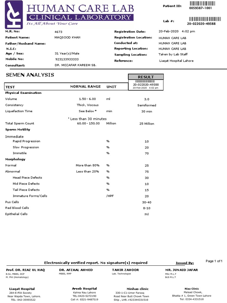 Semen Analysis: Result | PDF | Semen | Animal Anatomy