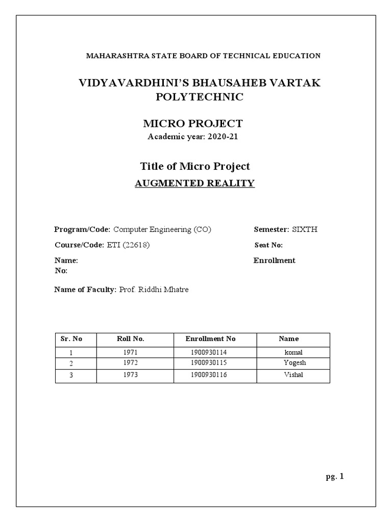 Vidyavardhini'S Bhausaheb Vartak Polytechnic Micro Project: Augmented ...