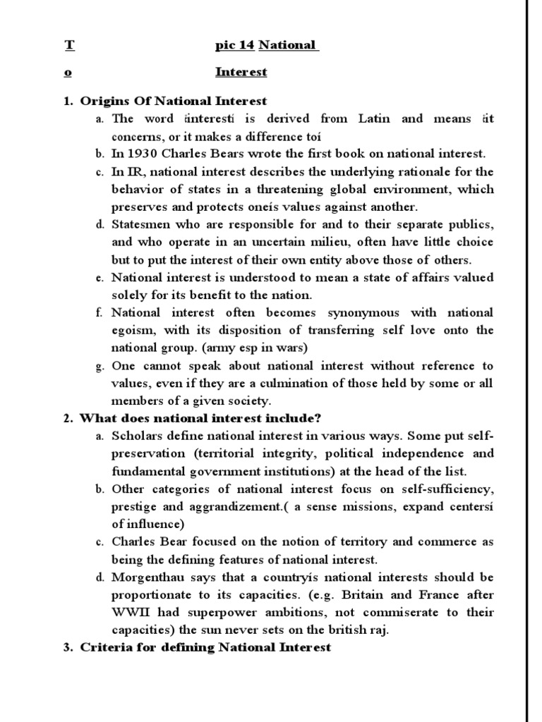 T o Pic 14 National Interest 1. Origins of National Interest | PDF ...