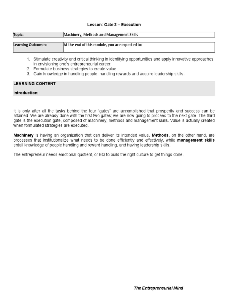 Lesson13 - Gate 3 - Execution | PDF | Value Chain | Strategic Management