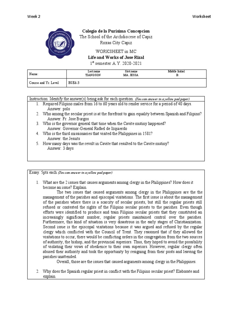 Worksheet Assessing Jose Rizal's Life and Works Through Multiple Choice ...