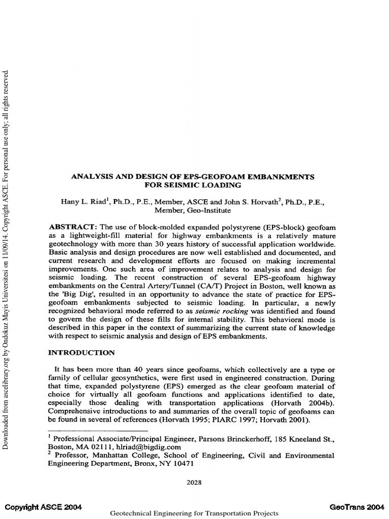 Analysis and Design of EPS-Geofoam Embankments For Seismic Loading ...