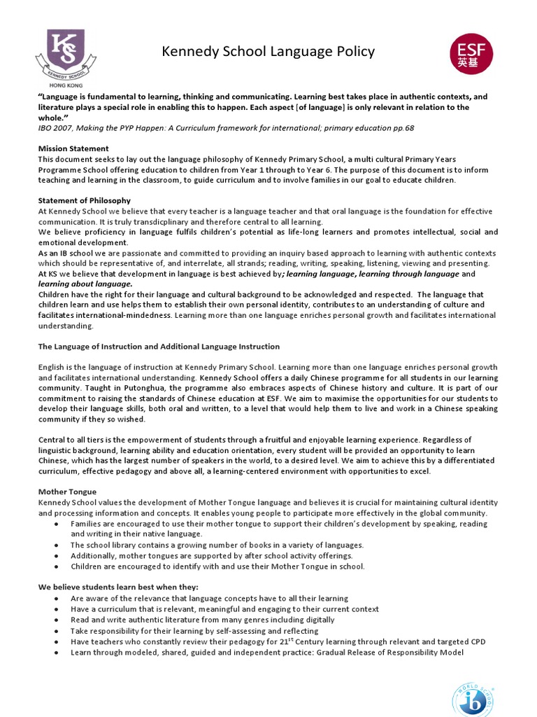 Kennedy School Language Policy | PDF | First Language | Educational ...