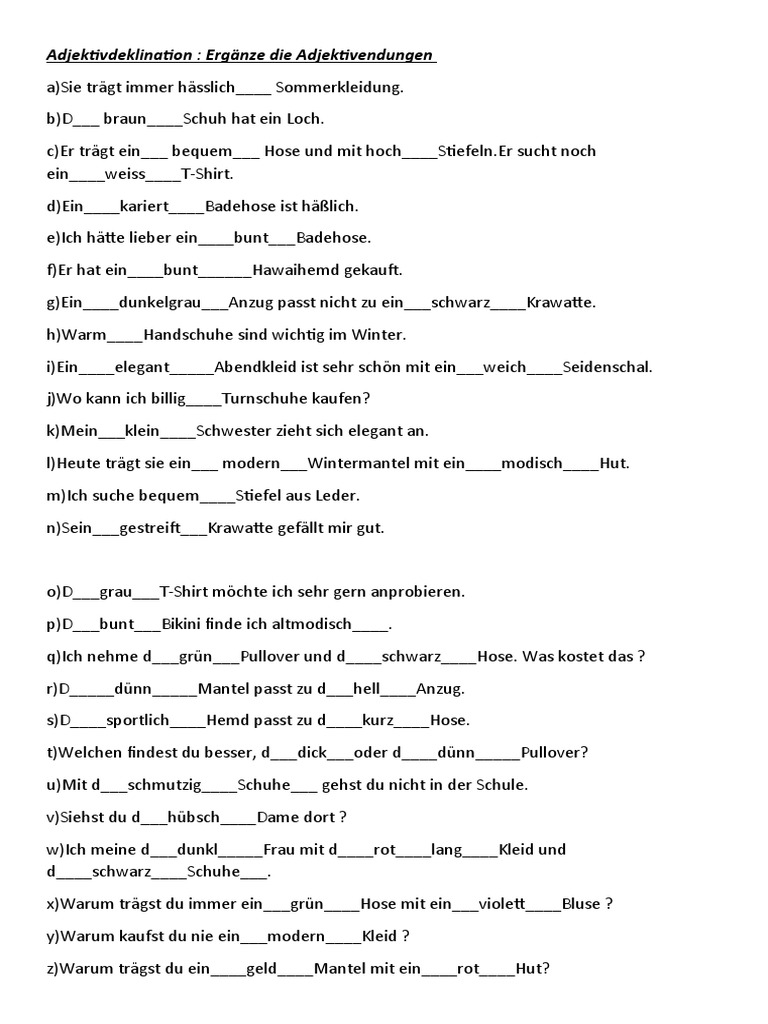 Adjektivdeklination - Übungen | PDF
