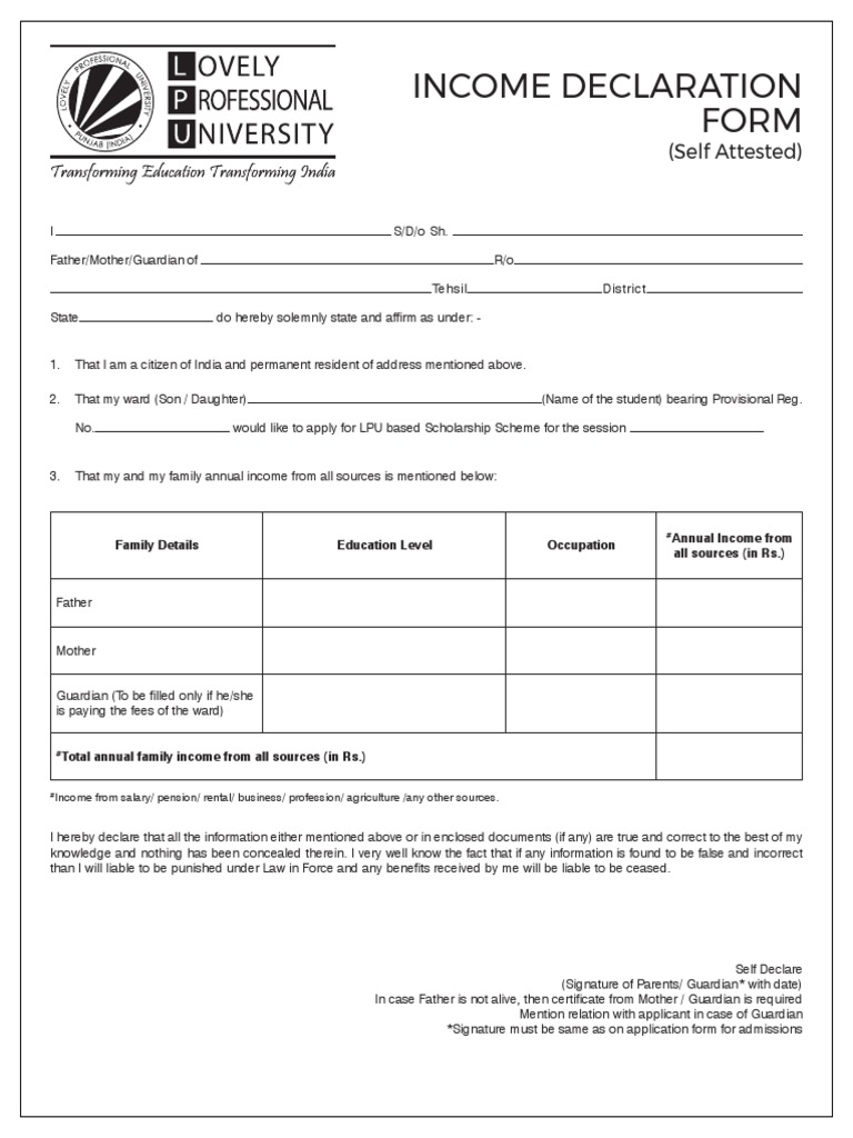 Income Declaration Form: (Self Attested) | PDF | Justice | Crime & Violence