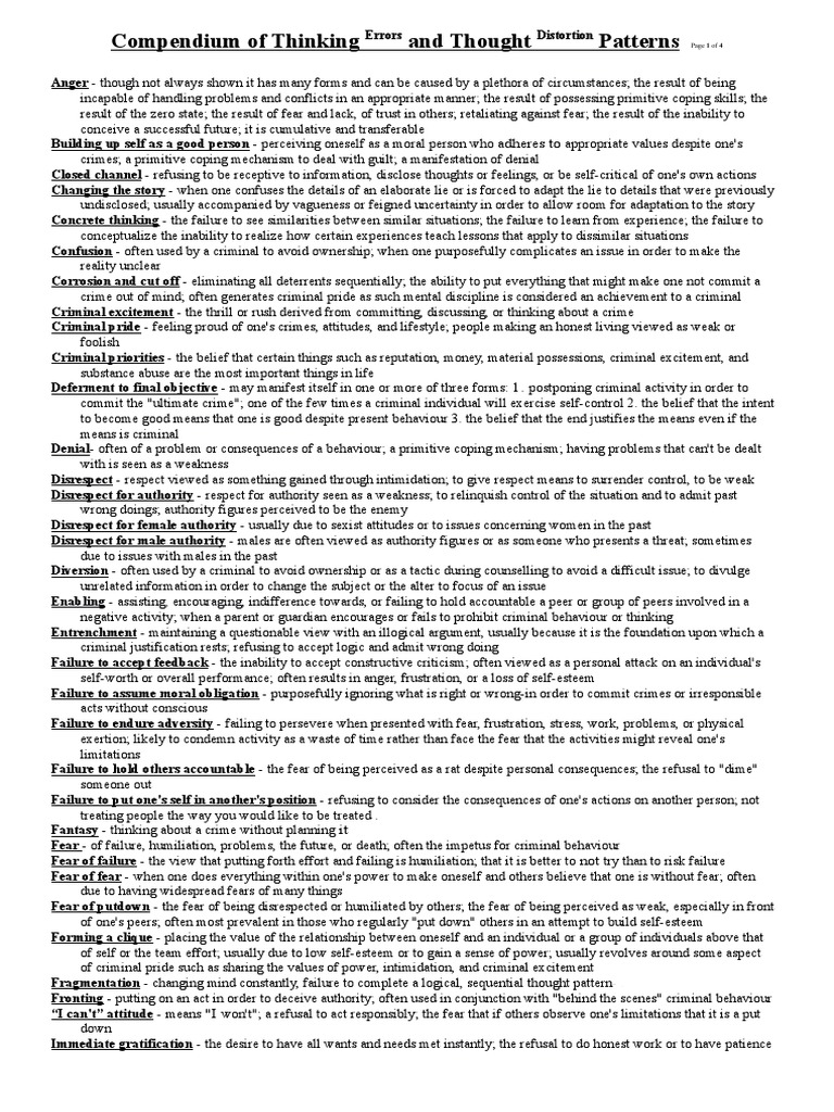 Compendium of Thinking Errors and Thought Distortion Patterns | PDF ...