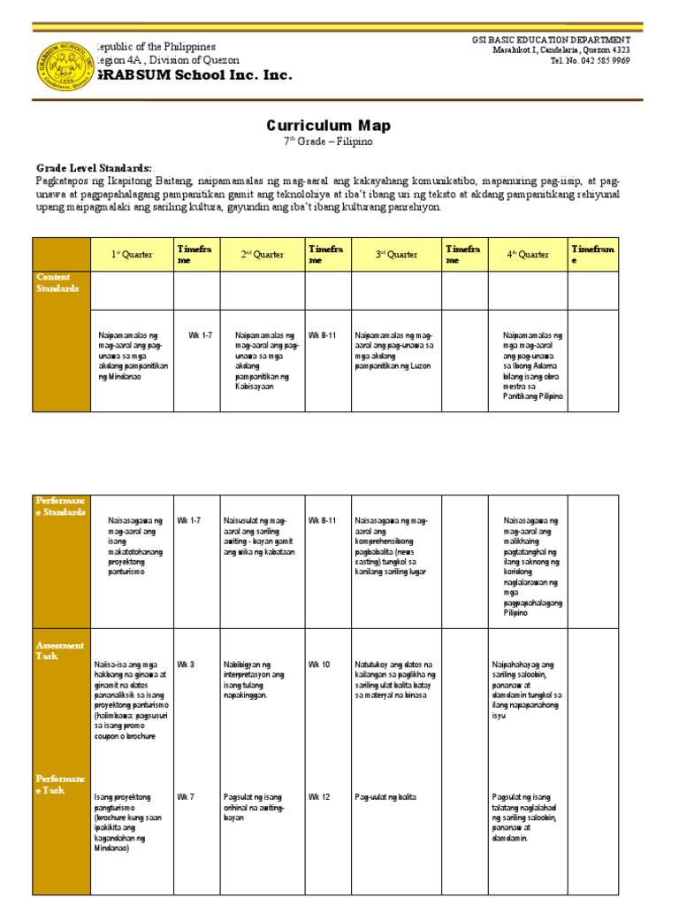 Curriculum Map FILIPINO 7 | PDF