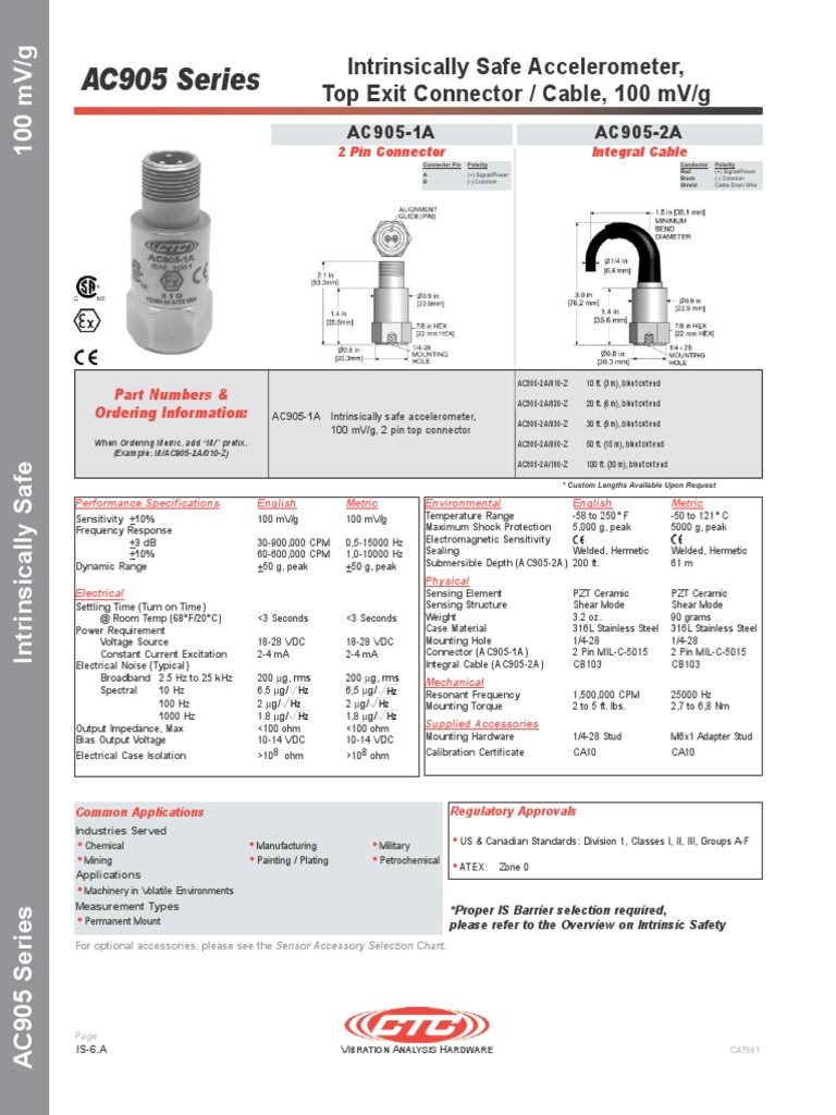 AC905 Series: Intrinsically Safe Accelerometer, Top Exit Connector / Cable, 100 MV/G | PDF ...