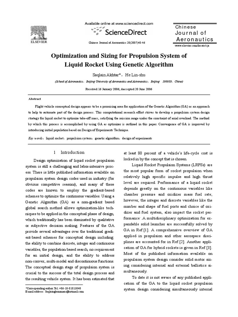 Optimization and Sizing For Propulsion System of Liquid Rocket Using ...