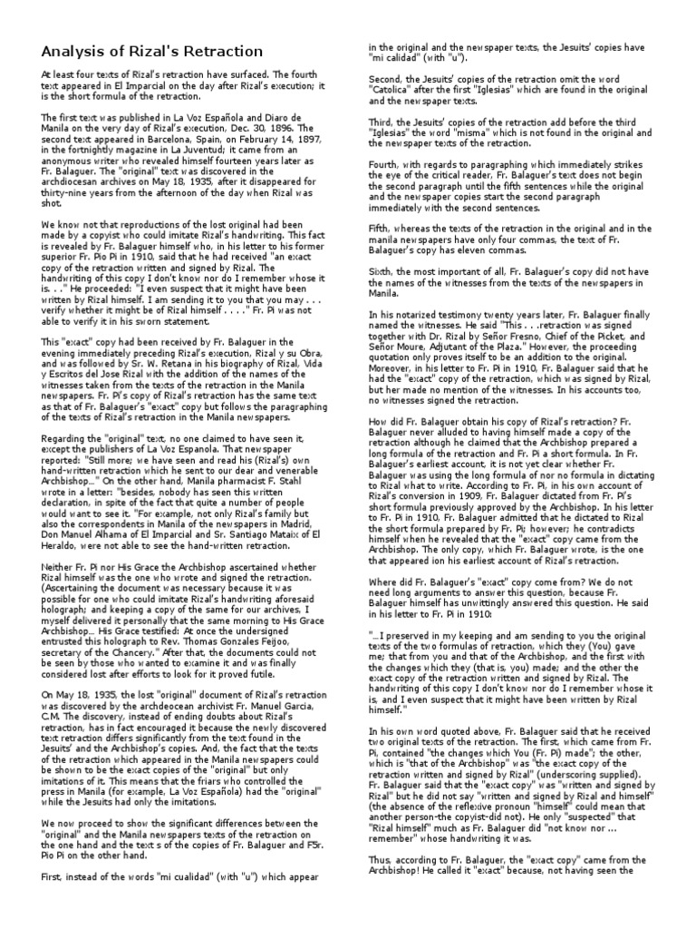 Analysis of Rizal's Retraction | PDF