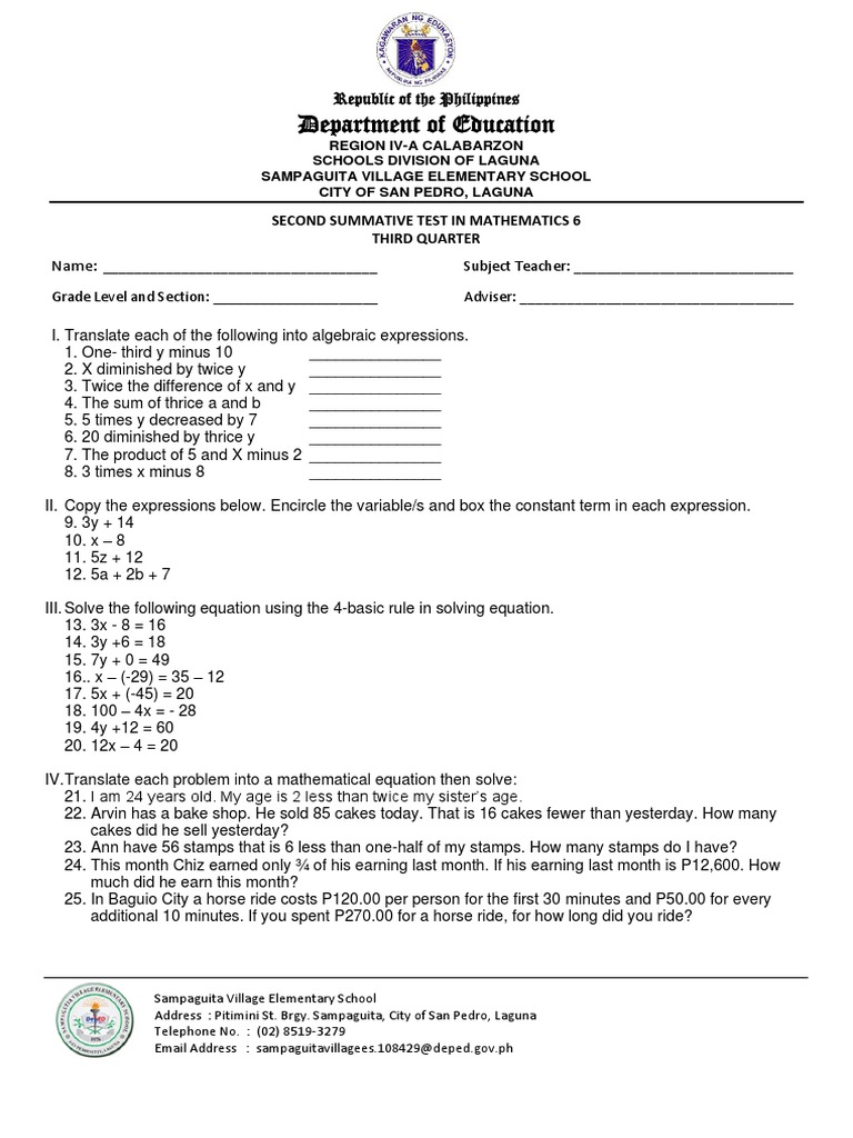 Math Test for Grade 6 Students | PDF | Equations | Mathematical Concepts