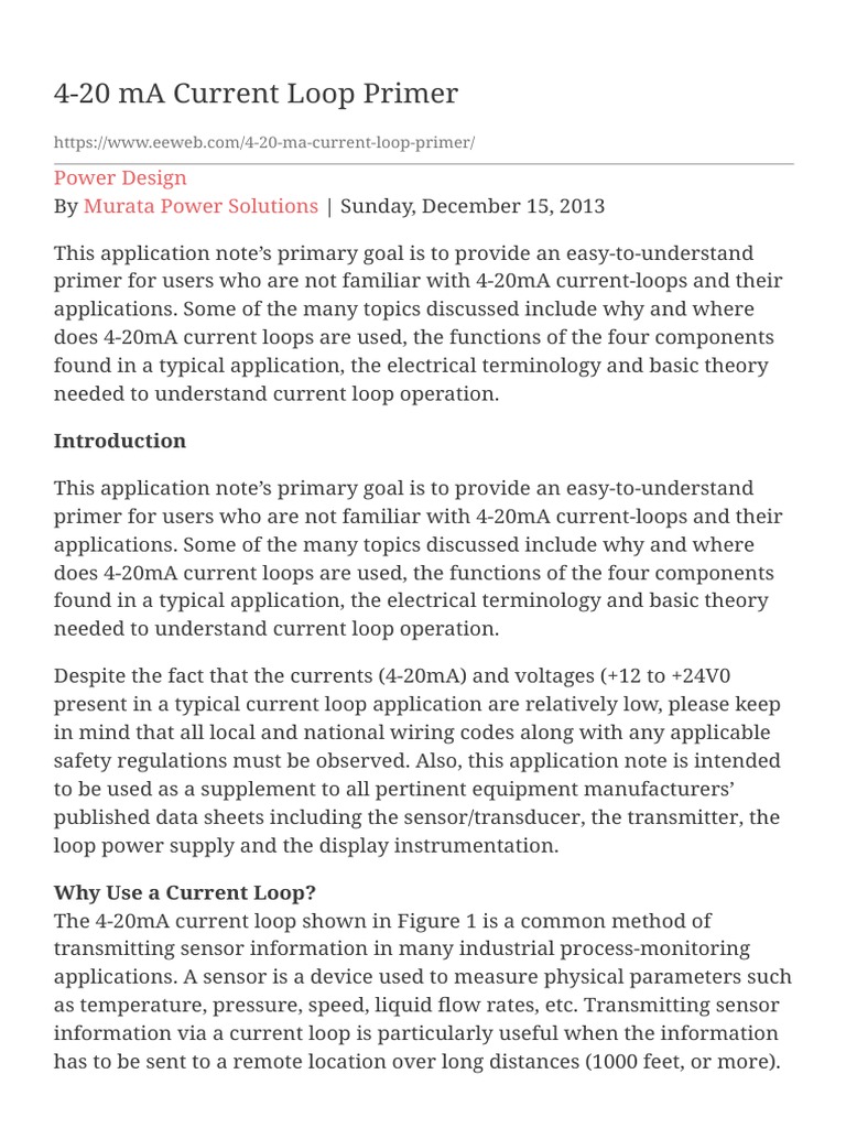 4-20 Ma Current Loop Primer | PDF | Power Supply | Sensor 4-20 Ma Current Loop Primer | PDF | Power Supply | Sensor