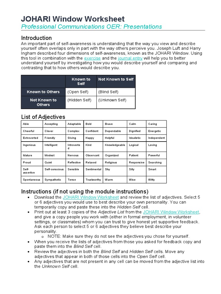 Johari Window Self-Assessment Worksheet | PDF | Self Awareness | Psychology