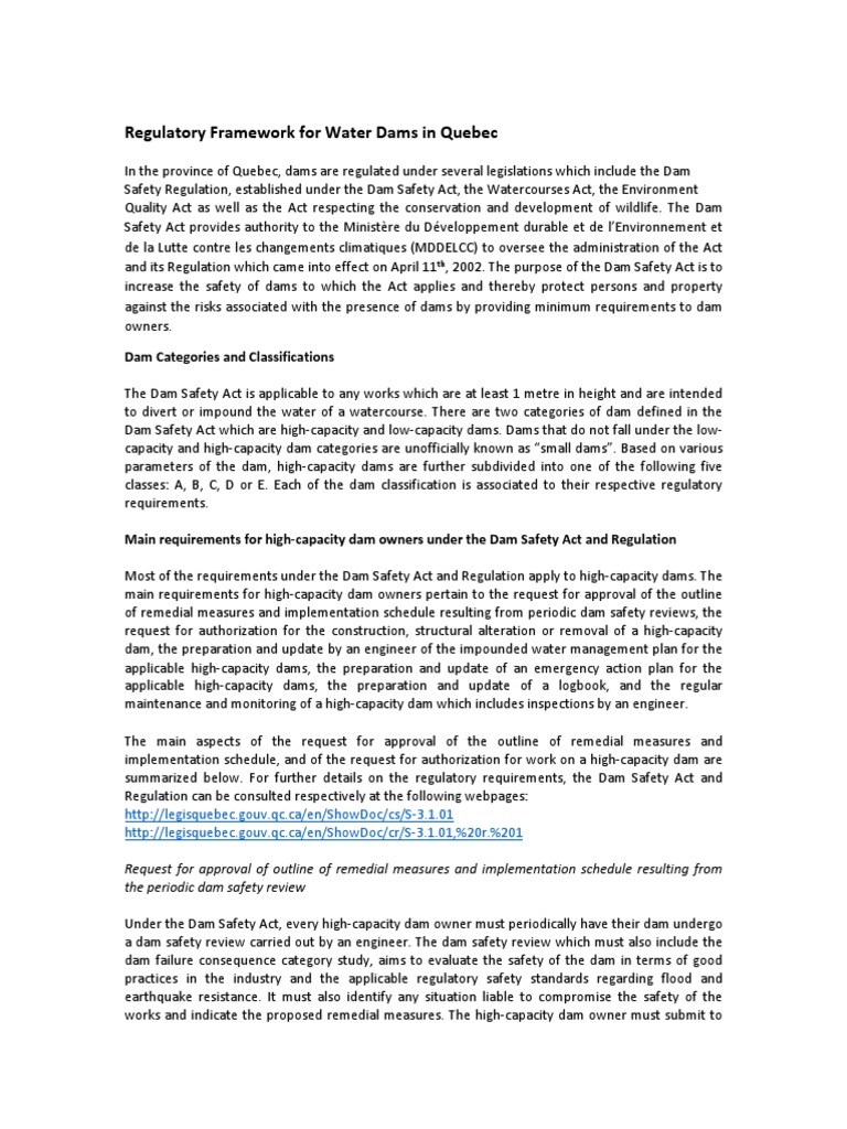 Regulatory Framework For Water Dams in Quebec | PDF | Dam | Safety