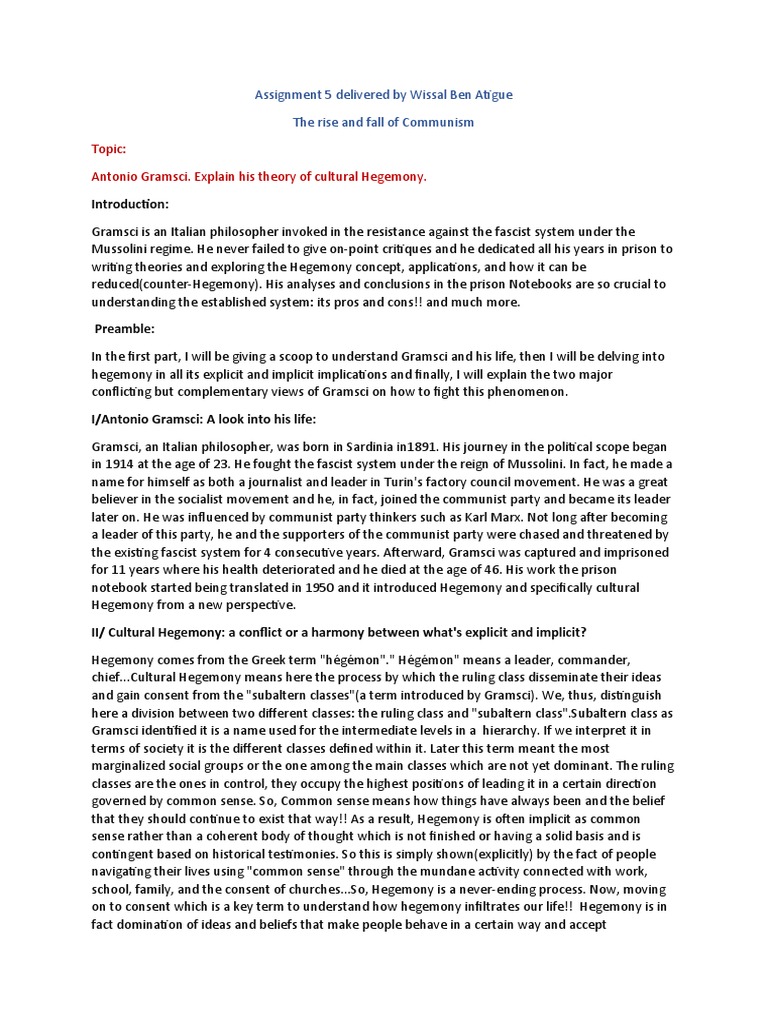 Topic: Antonio Gramsci. Explain His Theory of Cultural Hegemony | PDF ...
