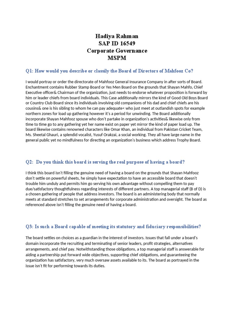 Hadiya Rahman SAP ID 16549 Corporate Governance MSPM | PDF | Board Of Directors | Business