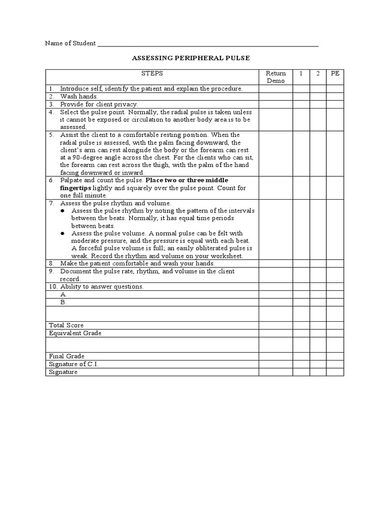 Assessing and Documenting Peripheral Pulse: A 10-Step Procedure | PDF
