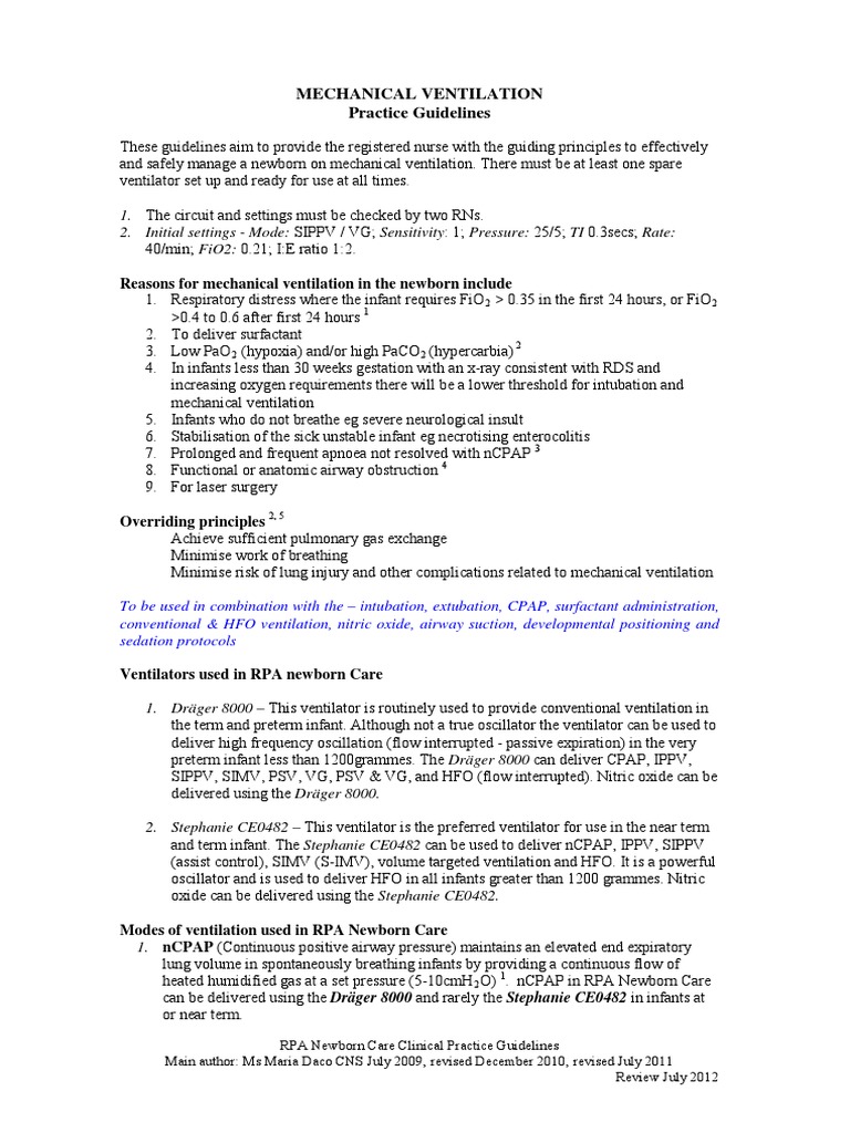 Mechanical Ventilation Practice Guidelines: 1. 2. Initial Settings ...