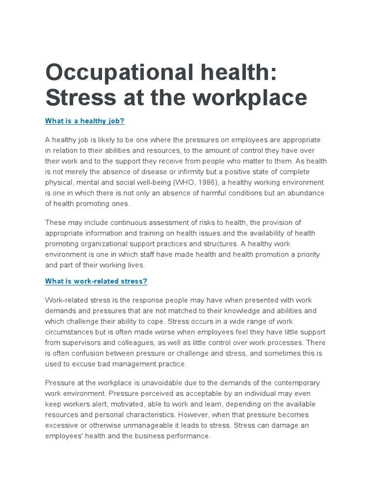 Occupational Health Stress at Workplace | PDF | Occupational Stress ...