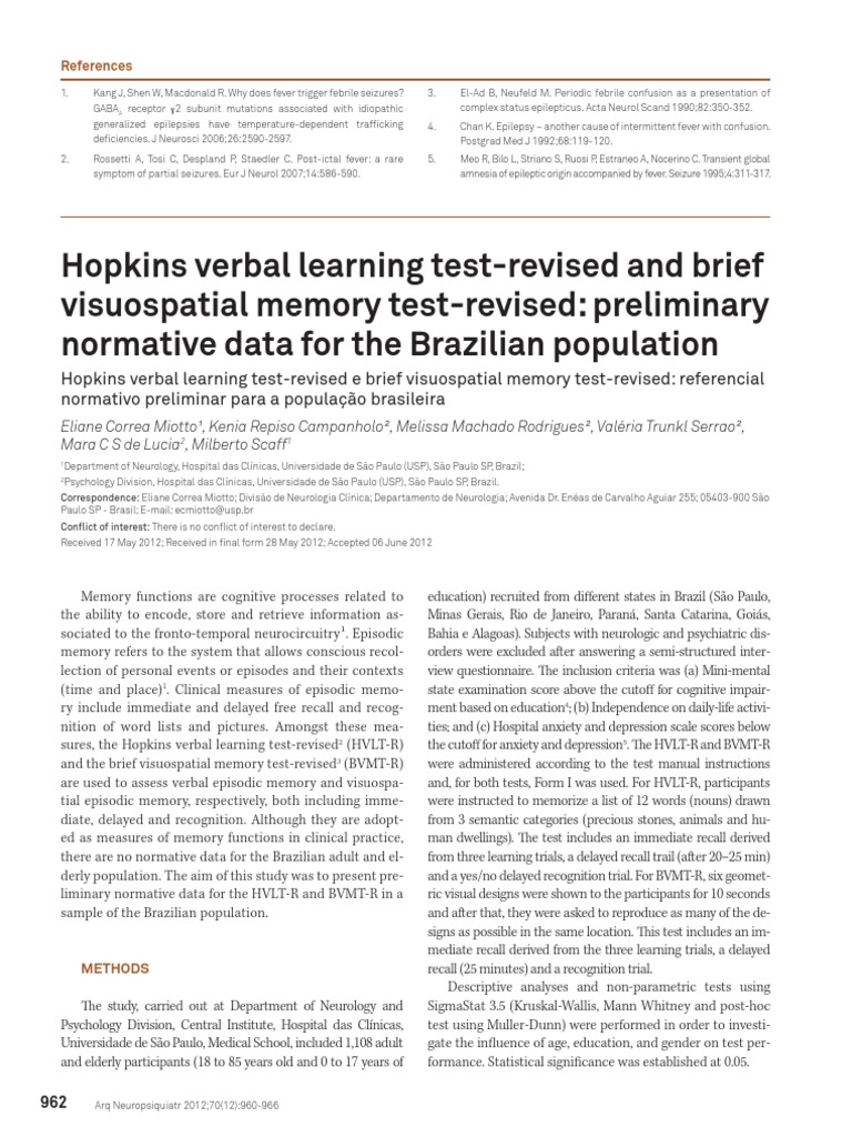 Artigo Com Tabelas HVLT e BVMT | PDF | Recall (Memory) | Memory
