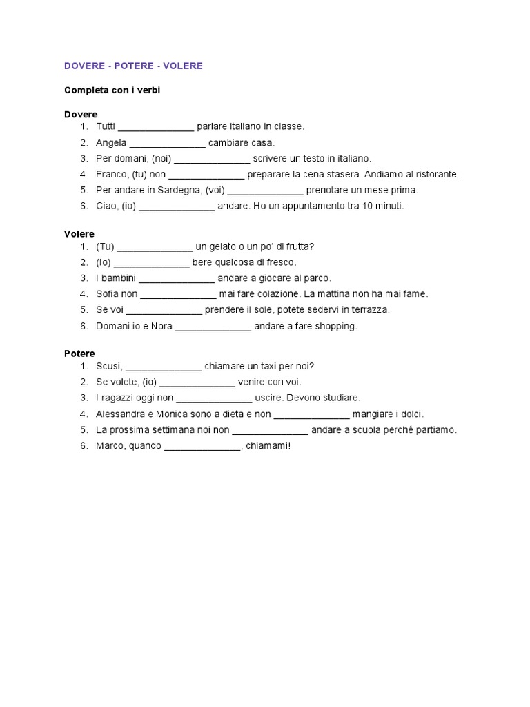 Esercizi DOVERE - POTERE - VOLERE | PDF