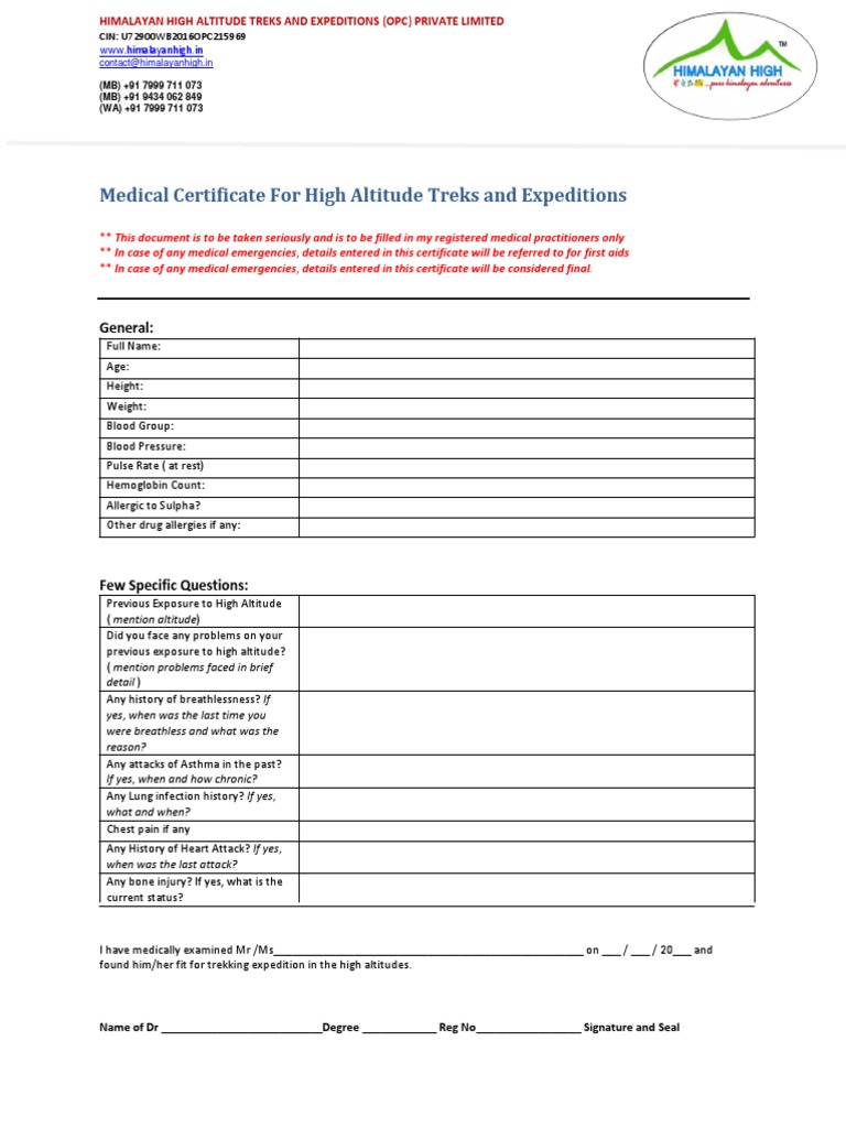 Medical Certificate For High Altitude | PDF