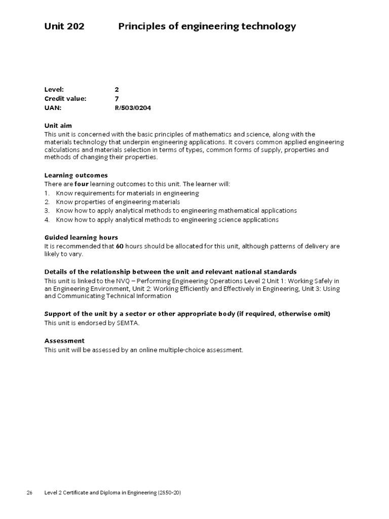 Unit 202 Principles of Engineering Technology: 26 Level 2 Certificate ...