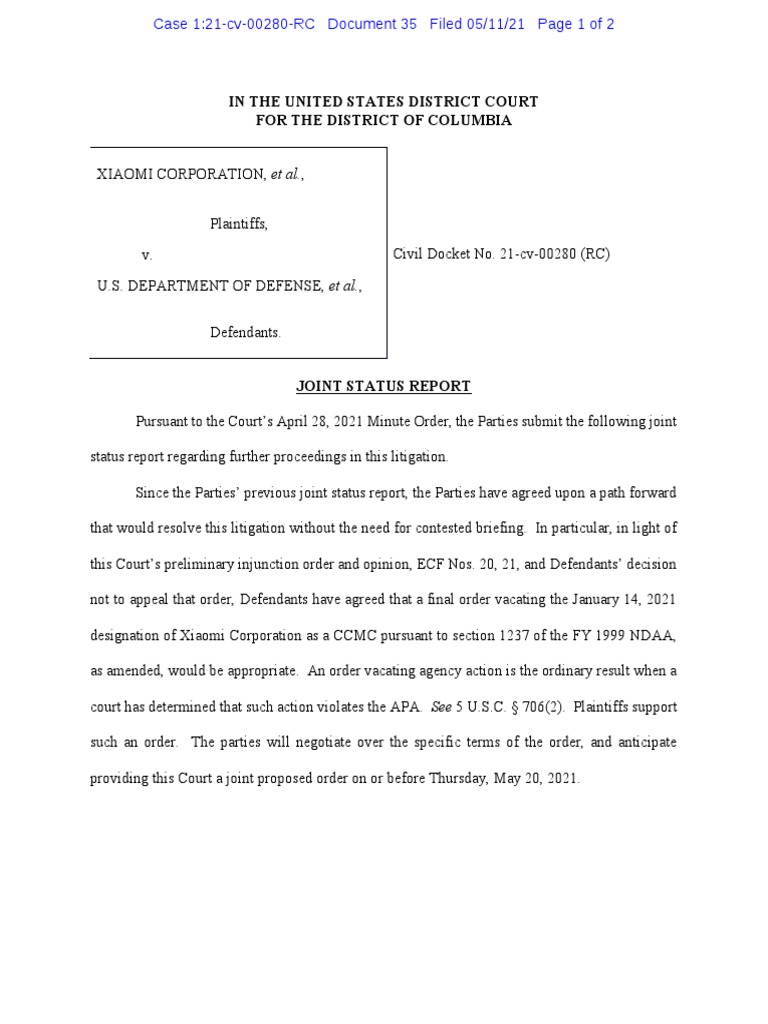 Xiaomi V US Department of Defense - Joint Status Report | PDF | Lawsuit ...