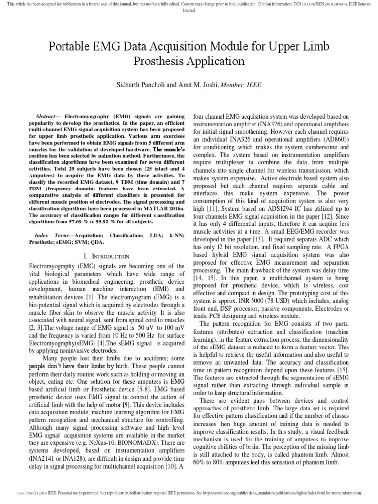 Portable EMG Data Acquisition Module For Upper Limb Prosthesis Application | PDF ...