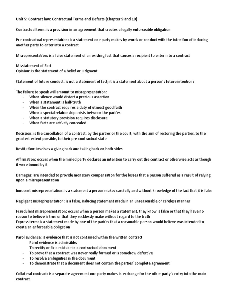 Unit 5: Contract Law: Contractual Terms and Defects (Chapter 9 and 10) | PDF | Misrepresentation ...