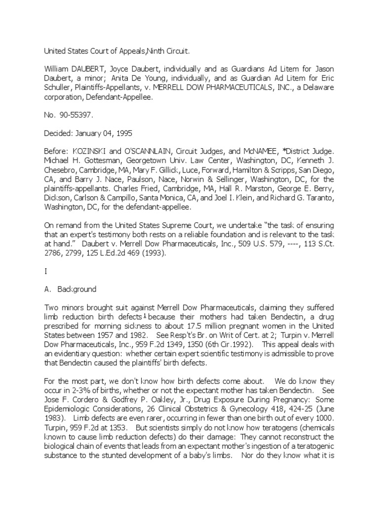 Daubert v. Merrell Dow Pharmaceuticals, 113 S. Ct.2786 (1993) | PDF ...