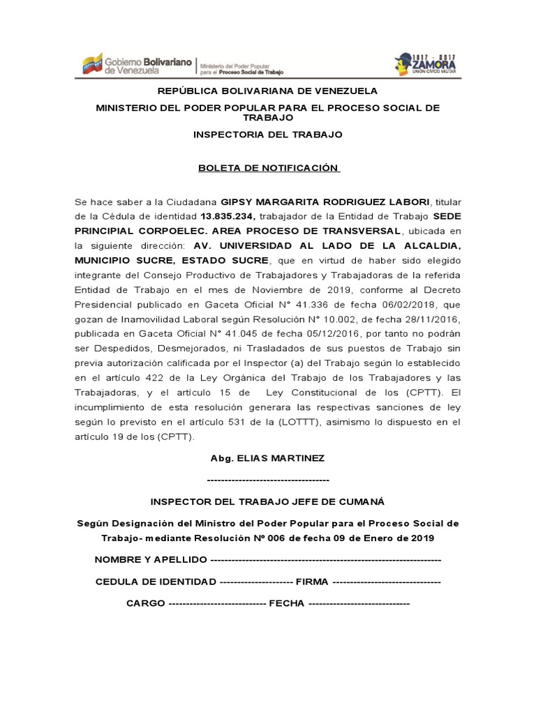 Boletas de Notificacion Area Proceso de Transversal | PDF | Venezuela ...