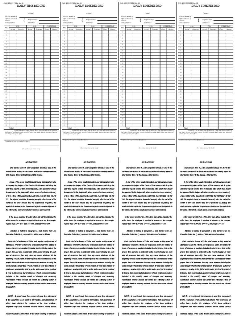 Civil Service Form No. 48: DTR | PDF | Government Institutions | Policy