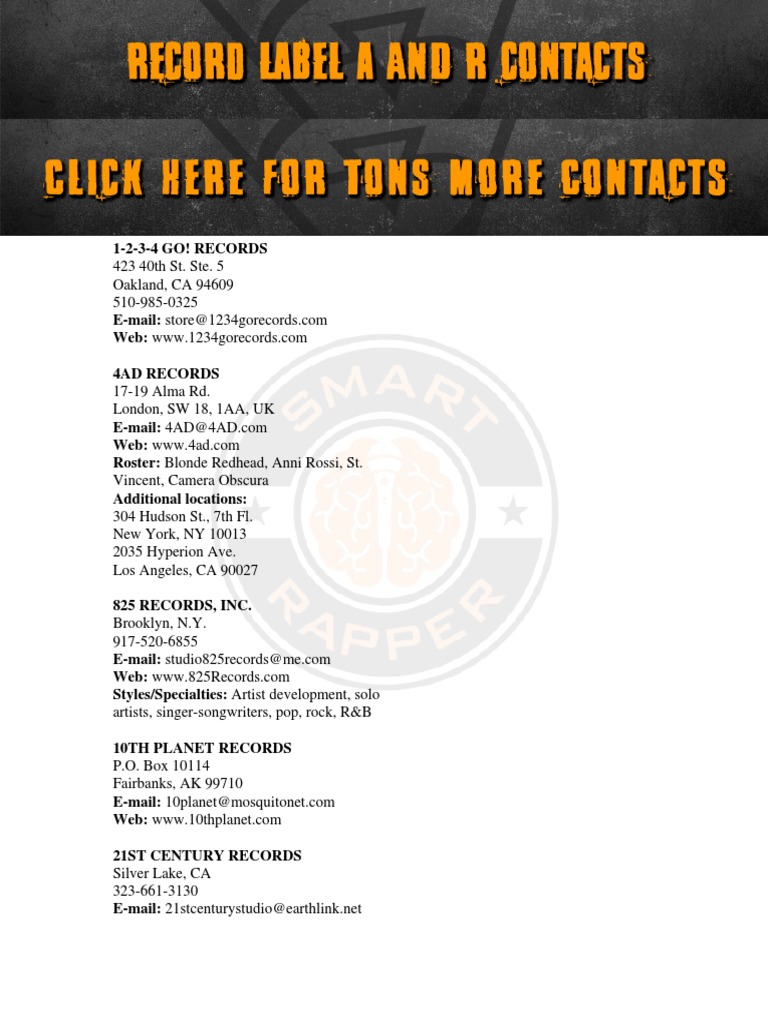 The Complete List of Record Label AR Contacts Smart Rapper LLC | PDF ...