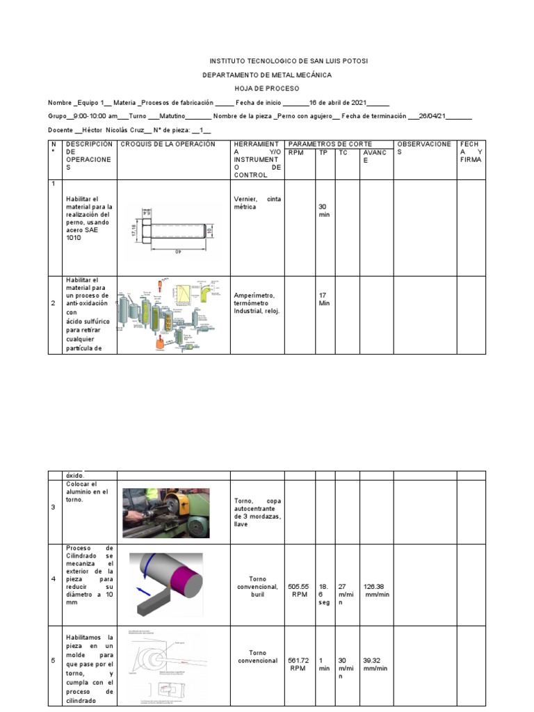 Hoja de Procesos | PDF | Tornillo | Metalurgia