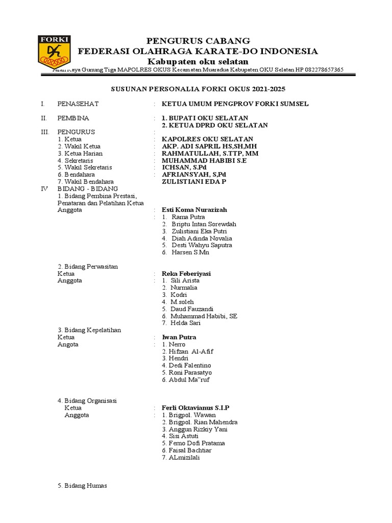 Struktur Pengurus FORKI OKU Selatan 2021-2025 | PDF