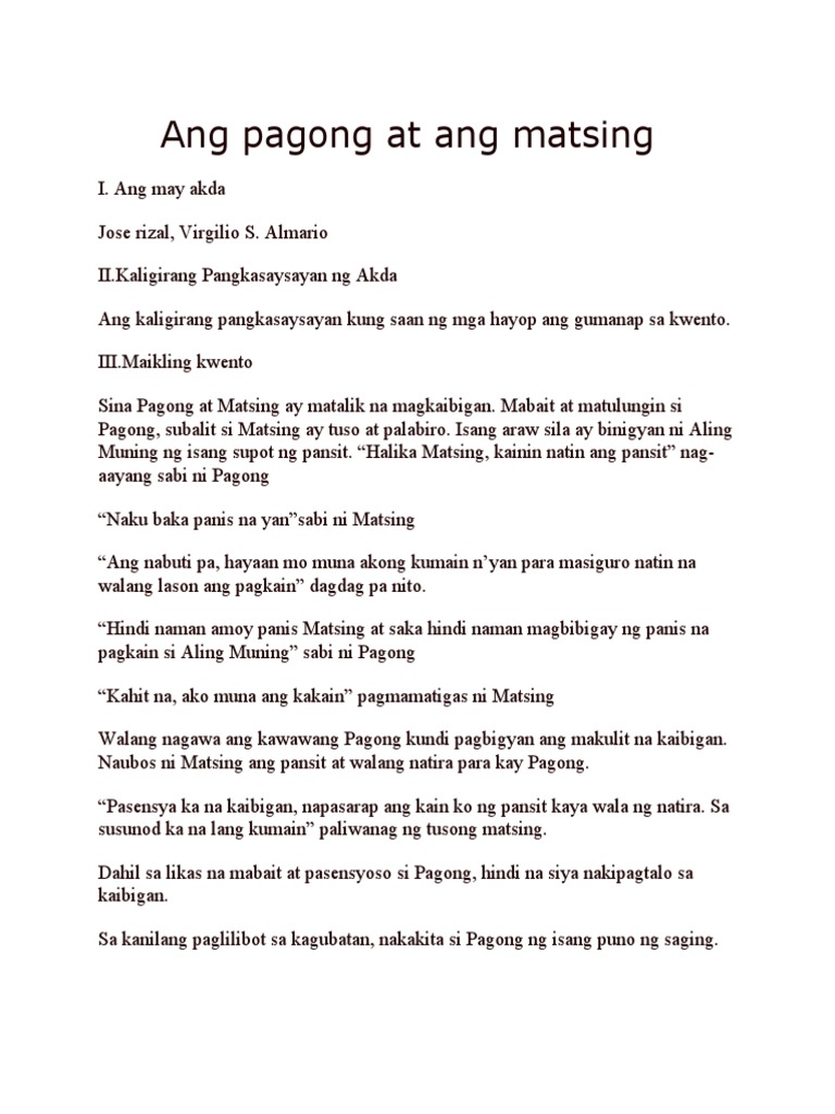 Ang Pagong at Ang Matsing | PDF