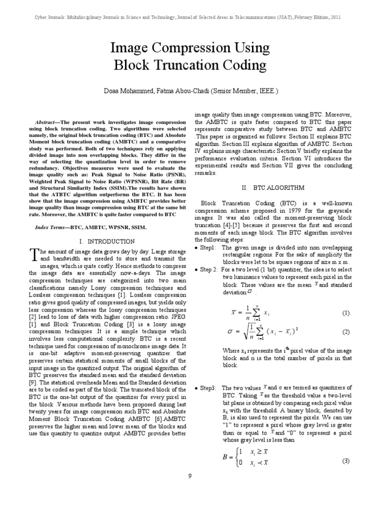 Image Compression Using Block Truncation Coding Pdf Data Compression Applied Mathematics