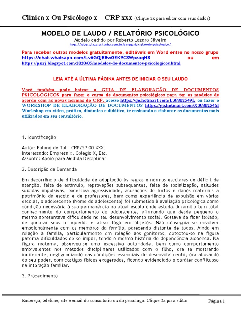 Modelo - Laudo Psicologico 01 | PDF | Psiquiatria | Psicologia