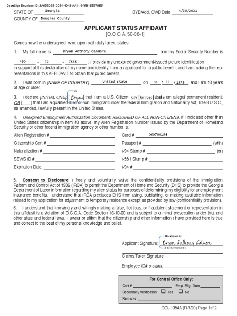CORRECTION Bryan Applicant Status Affidavitp | PDF | Identity Document ...