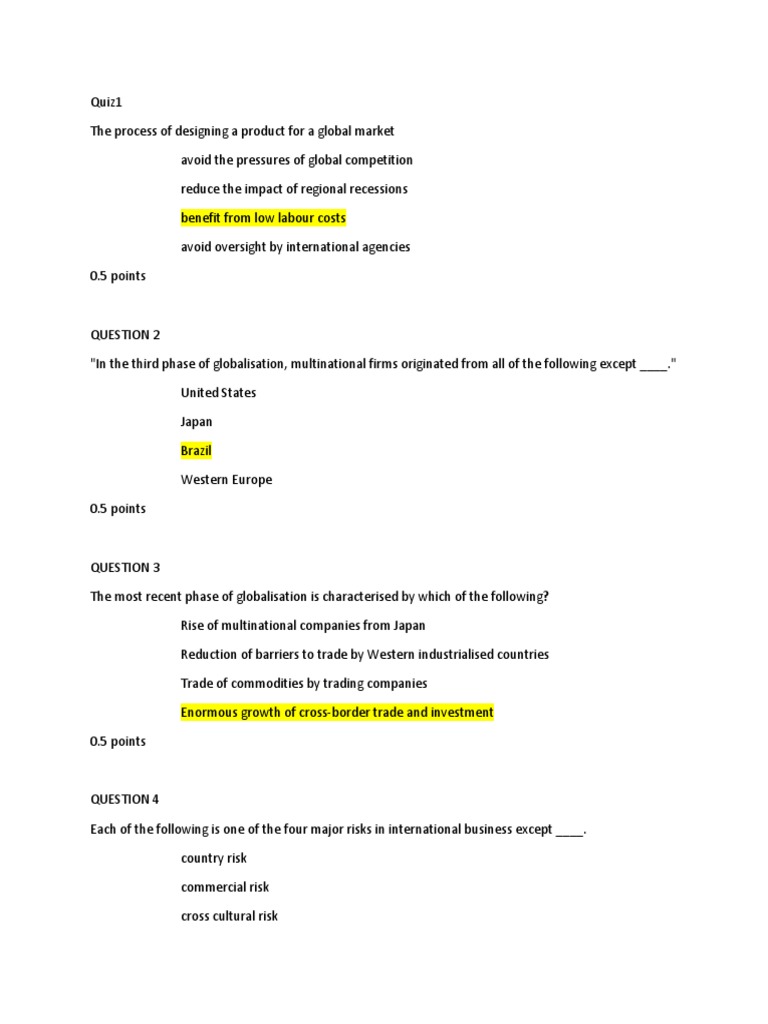 Quiz 1 | PDF | Multinational Corporation | Globalization