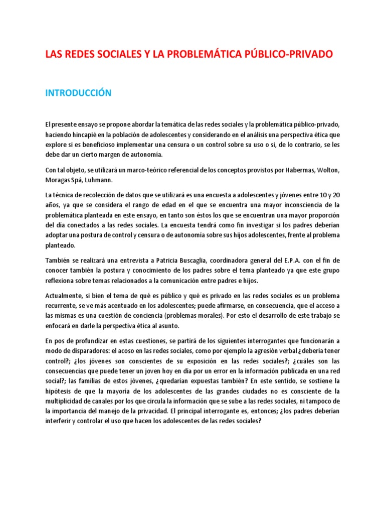 Ejemplo de Ensayo Las Redes Sociales y La Problemática Público | PDF ...