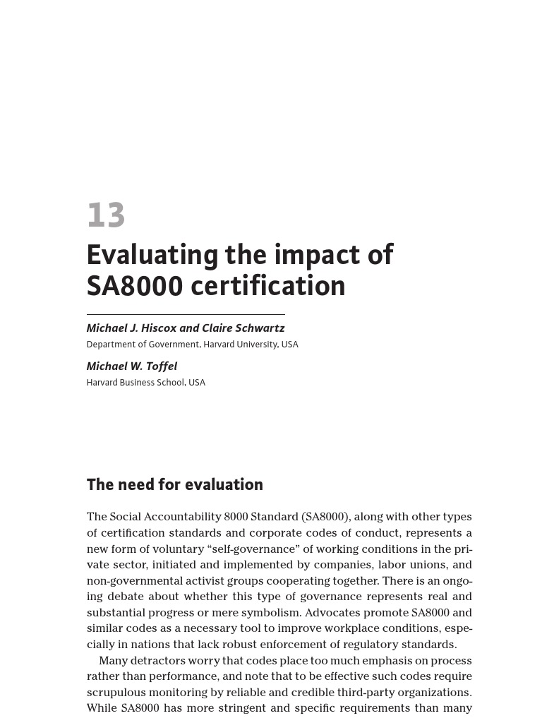 Evaluating The Impact of SA8000 Certification: The Need For Evaluation ...