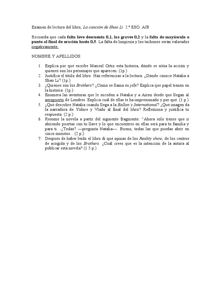 Examen de Shao Li | PDF