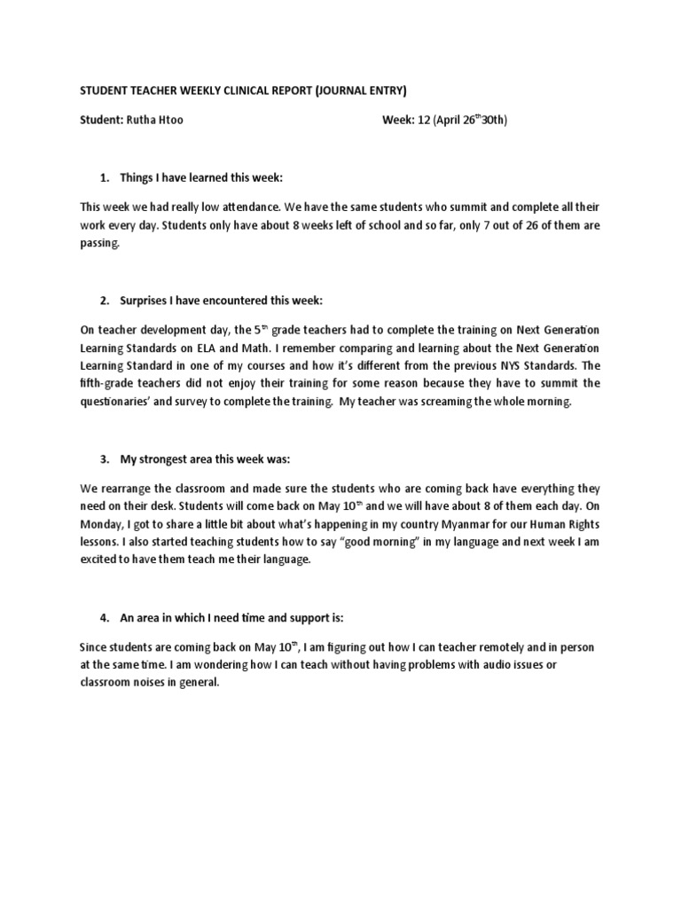 Student Teacher Weekly Reflection 12 | PDF