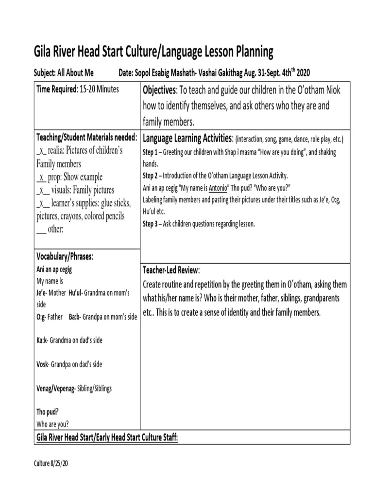 O’otham Language Lesson Plan: Family | PDF