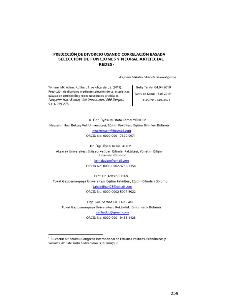 DIVORCE PREDICTION USING CORRELATION BASED FEATURE SELECTION AND ARTIFICIAL NEURAL NETWORKS ...