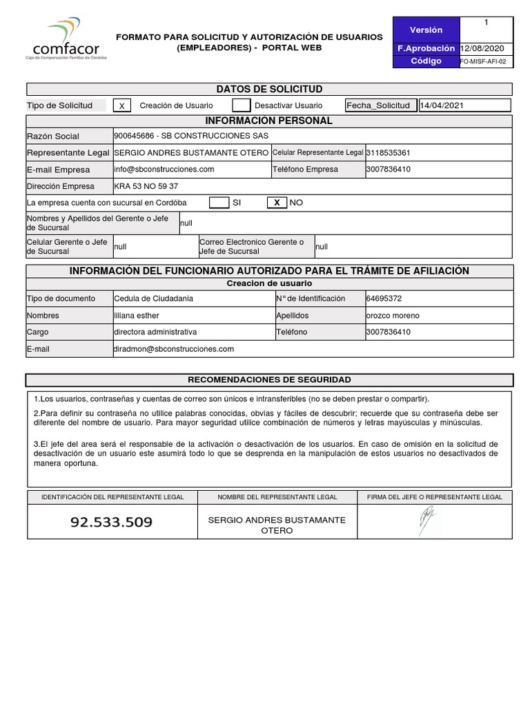 Formato Comfacor Usuario | PDF | Contraseña | ciberespacio