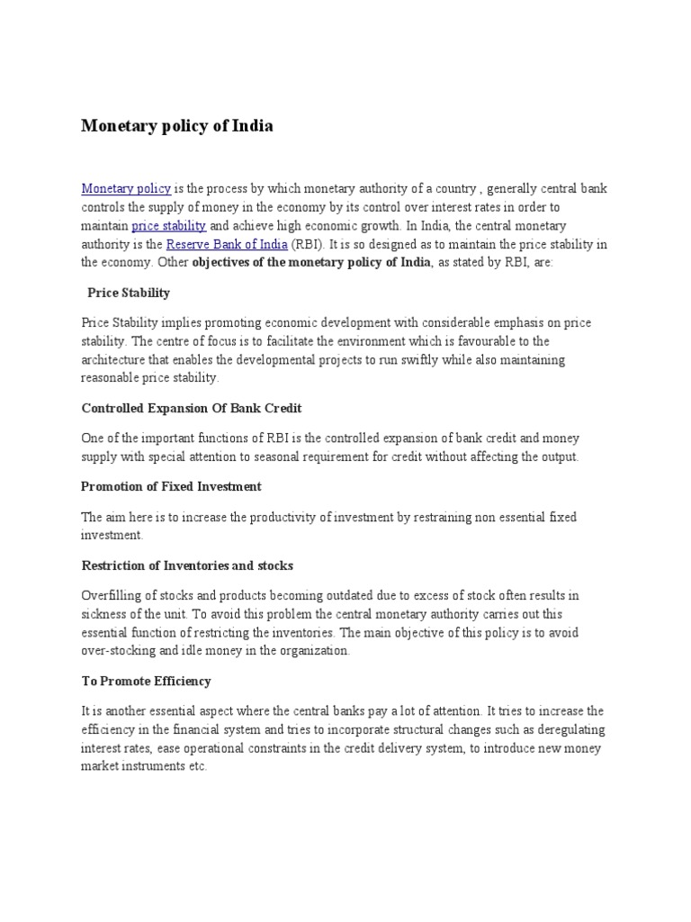 Monetary Policy of India | PDF | Reserve Bank Of India | Monetary Policy