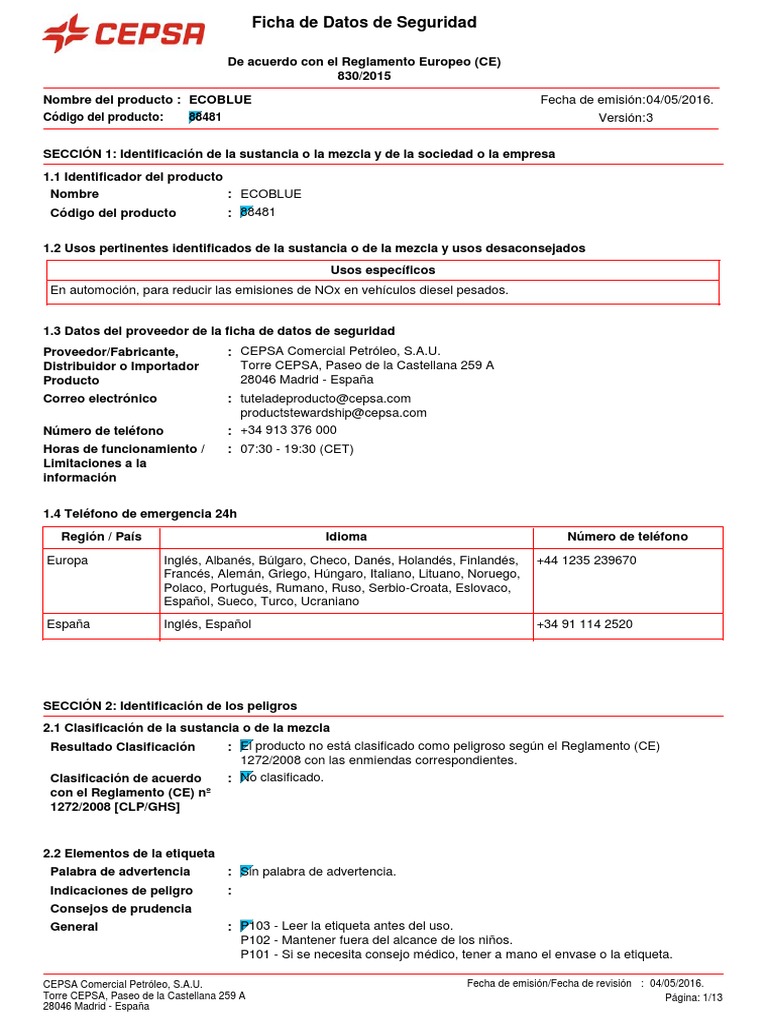 Ficha de Seguridad ECOBLUE 16% Urea | PDF | Residuos | Amoníaco